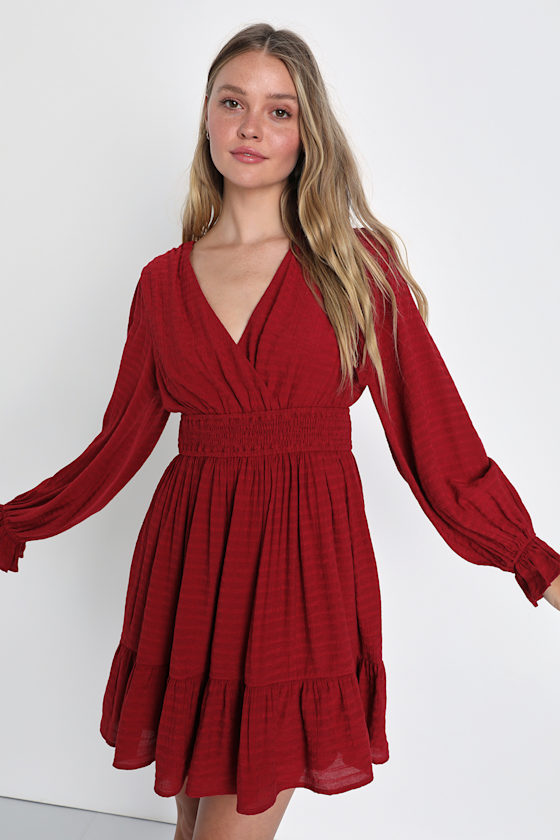 Wine Red Striped Dress - Tiered Mini Dress - Long Sleeve Dress - Lulus
