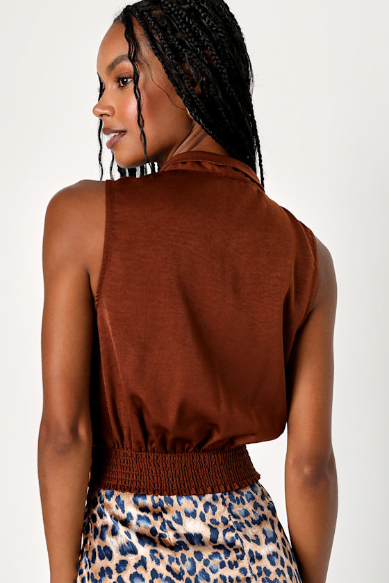 Rust Brown Satin Top - Sleeveless Crop Top - Surplice Top - Lulus
