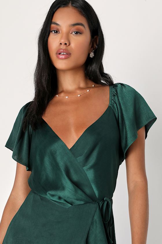 Emerald Green Wrap Dress - Midi Wrap Dress - Ruffled Wrap Dress - Lulus