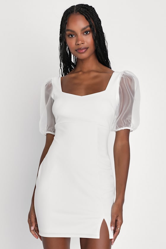 Chic White Dress - Sheer Puff Sleeve Dress - Mini Bodycon Dress - Lulus