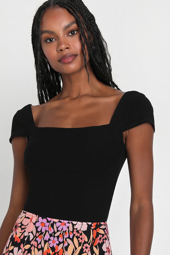 Black Ribbed Bodysuit Cap Sleeve Bodysuit Scoop Back Bodysuit Lulus