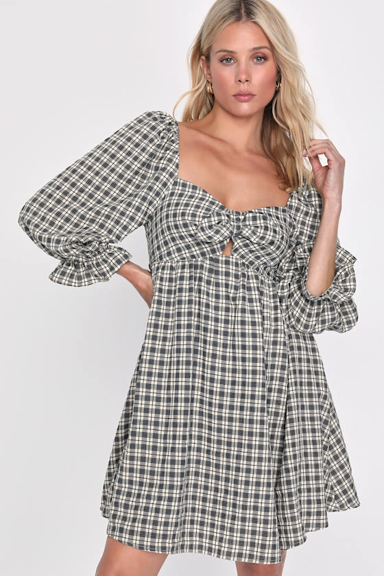 Grey Plaid Tie-Front Dress - Balloon Sleeve Dress - Mini Dress - Lulus