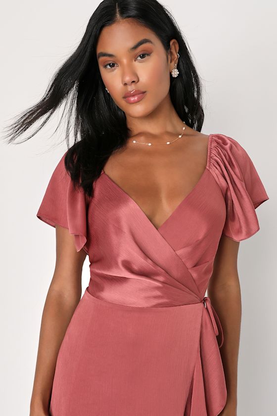 Rusty Rose Wrap Dress - Midi Wrap Dress - Ruffled Wrap Dress - Lulus