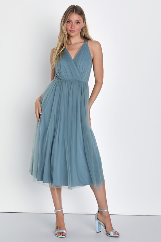 Slate Blue Dress - Tulle A-Line Dress - Mesh A-Line Midi Dress - Lulus