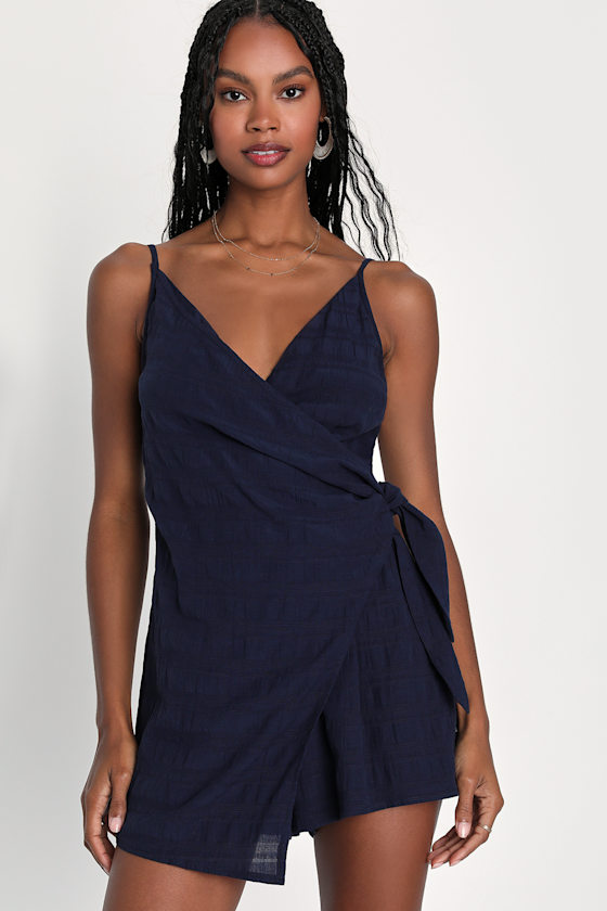Navy Blue Textured Romper - Sleeveless Romper - Wrap Romper - Lulus