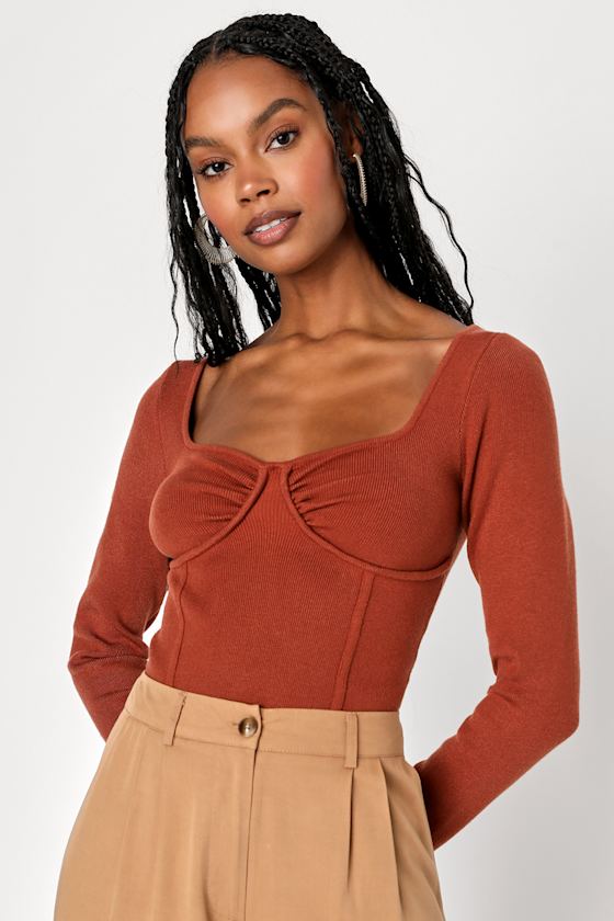 Rust Brown Ribbed Knit Top - Sweater Top - Seamed Long Sleeve Top - Lulus