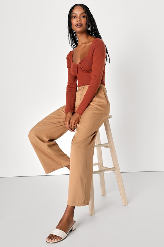 Rust Brown Ribbed Knit Top - Sweater Top - Seamed Long Sleeve Top - Lulus