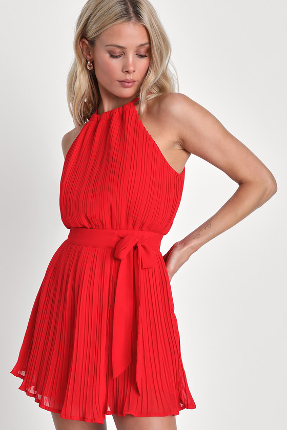 Red Pleated Romper - Skort Romper - Faux Wrap Skort Romper - Lulus