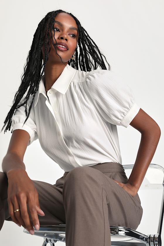White Collared Top - Puff Sleeve Top - Cute Button-Up Top - Lulus