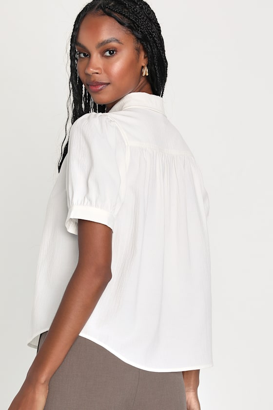 White Collared Top - Puff Sleeve Top - Cute Button-Up Top - Lulus