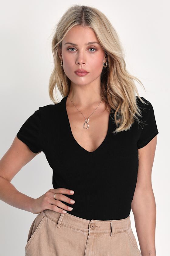 Black Ribbed Knit Top - Notched Neck Top - Black Short Sleeve Top - Lulus