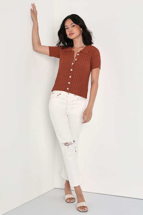 Brown Short Sleeve Top - Cardigan Sweater Top - Button-Up Top - Lulus