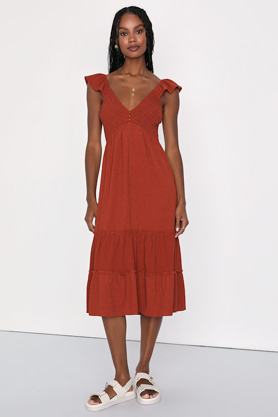 Rust Orange Midi Dress - Smocked Tiered Dress - Button Midi Dress - Lulus