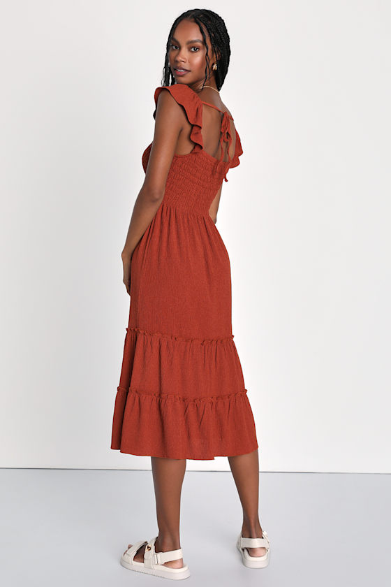 Rust Orange Midi Dress - Smocked Tiered Dress - Button Midi Dress - Lulus