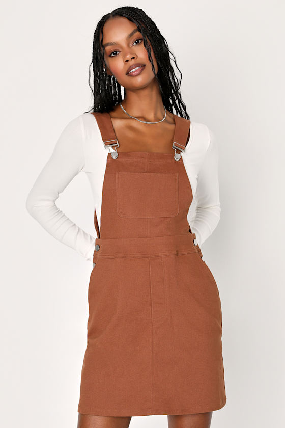 Brown Overall Mini Dress - Twill Overall Dress - Brown Dress - Lulus