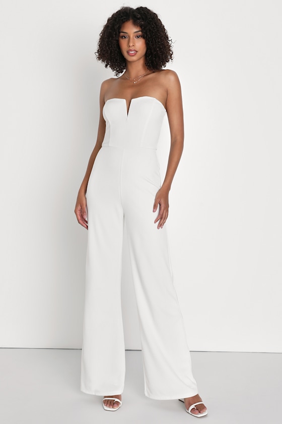 White Strapless Jumpsuit Wide Leg Jumpsuit Notched Jumpsuit Lulus