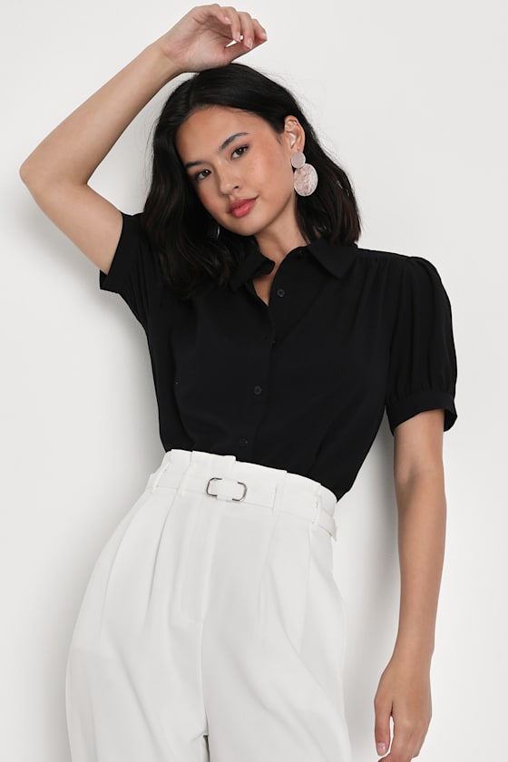 Black Collared Top - Puff Sleeve Top - Cute Button-Up Top - Lulus