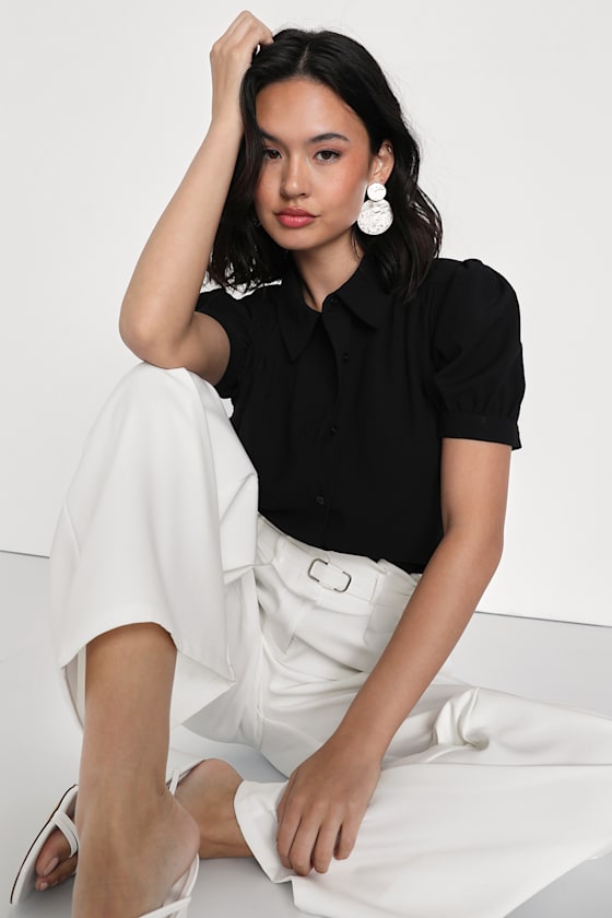 Black Collared Top - Puff Sleeve Top - Cute Button-Up Top - Lulus
