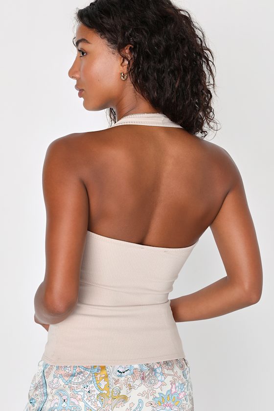 Beige Ribbed Knit Top - Halter Neck Top - Sleeveless Top - Lulus