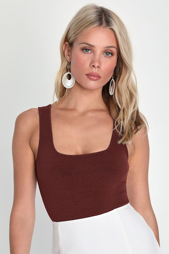 Brown Ribbed Bodysuit - Square Neck Bodysuit - Bodysuit - Lulus