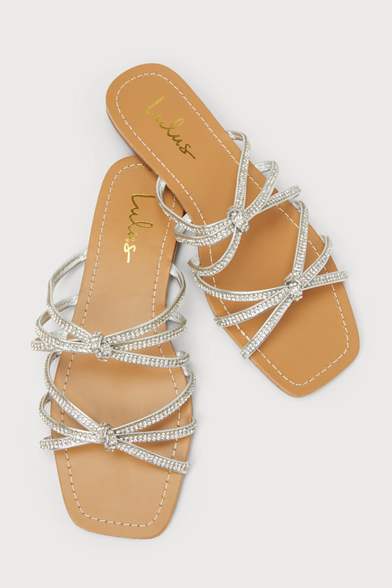 Silver Slide Sandals - Rhinestone Sandals - Knotted Slide Sandals - Lulus
