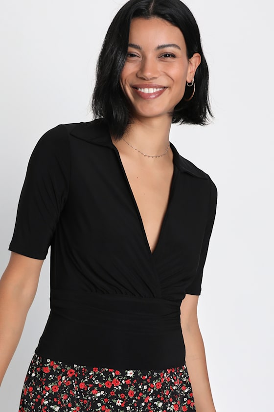 Jersey Knit Top - Black Collared Top - Surplice Top - Black Top - Lulus