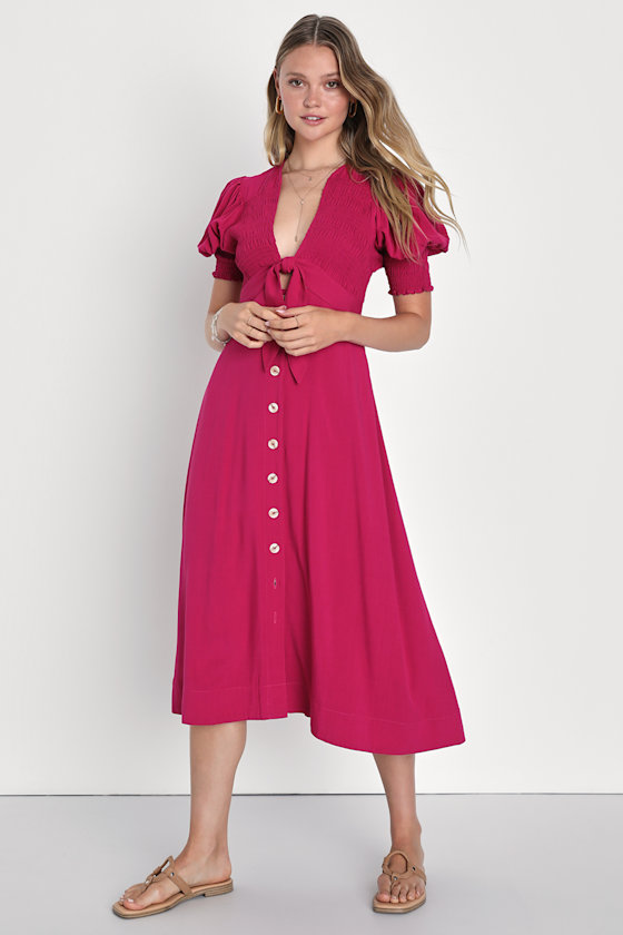 Berry Pink Dress - Smocked Midi Dress - Tie-Front Midi Dress - Lulus