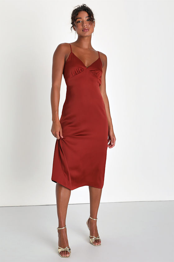 Rust Satin Dress - Lace-Up Backless Dress - Sexy Midi Dress - Lulus
