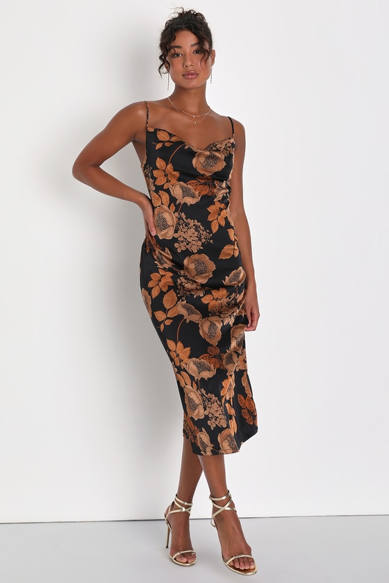 Black Floral Dress Floral Satin Dress Cowl Neck Midi Dress Lulus