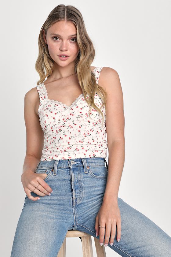 White Floral Print Tank Top Lace Tank Top Ribbed Tank Top Lulus