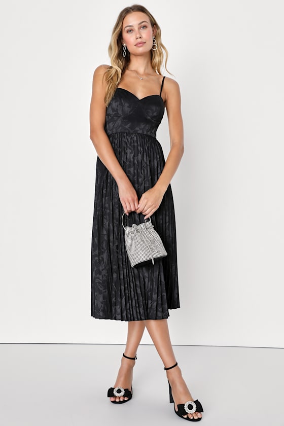 Black Satin Midi Dress - Jacquard Dress - Pleated Satin Dress - Lulus