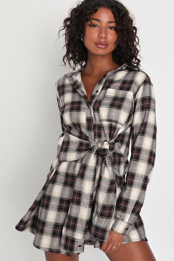 Brown Plaid Mini Dress - Plaid Mini Dress - Tie-Front Mini Dress - Lulus