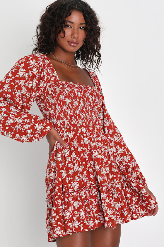 Rust Floral Mini Dress - Smocked Dress - Balloon Sleeve Dress - Lulus