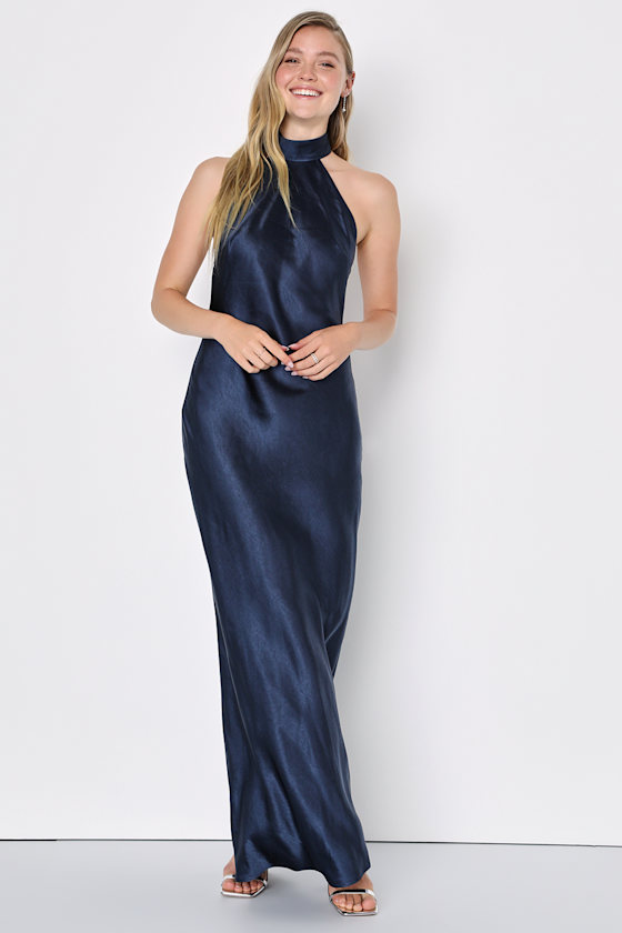 Navy Blue Satin Dress - Satin Maxi Dress - Halter Dress - Lulus