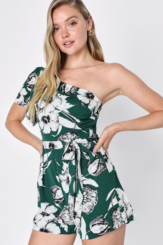 Green Floral Print Romper - One-Shoulder Romper - Summer Romper - Lulus