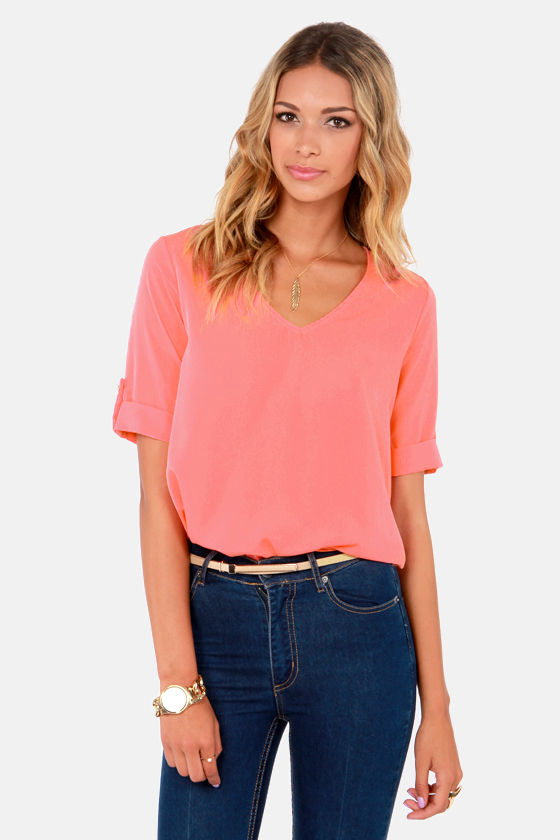 Cute Coral Top - Short Sleeve Top - V-Neck Top - $36.00 - Lulus