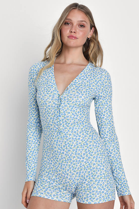 Floral Ribbed Knit Romper - Pajama Romper - Henley Romper - Lulus