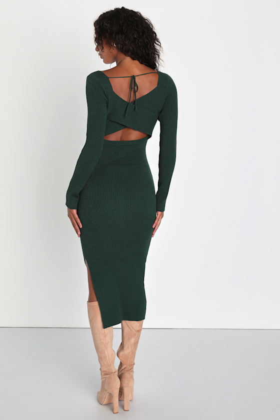 Dark Green Ribbed Dress - Tie-Back Dress - Midi Sweater Dress - Lulus