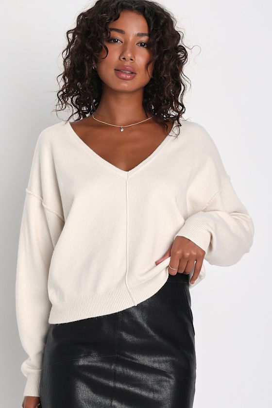 Ivory V-Neck Sweater - Pullover Sweater - Exposed Seam Sweater - Lulus