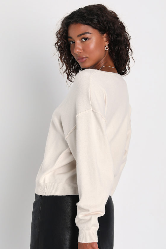 Ivory V-Neck Sweater - Pullover Sweater - Exposed Seam Sweater - Lulus