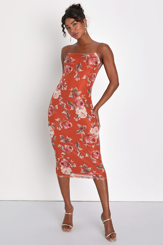 Rust Brown Floral Dress - Knotted Dress - Backless Midi Dress - Lulus
