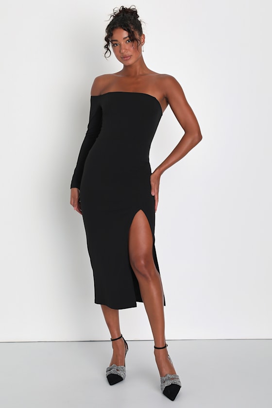 Black Bodycon Midi Dress - One-Shoulder Dress - Long Sleeve Dress - Lulus