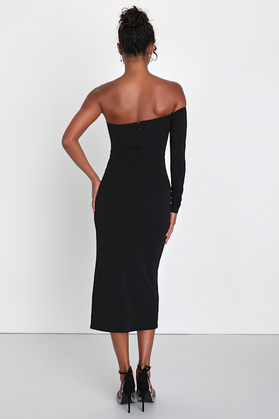 Black Bodycon Midi Dress - One-Shoulder Dress - Long Sleeve Dress - Lulus