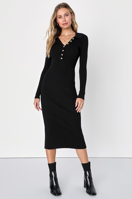 Black Sweater Dress - Button-Up Sweater Dress - Collared Dress - Lulus