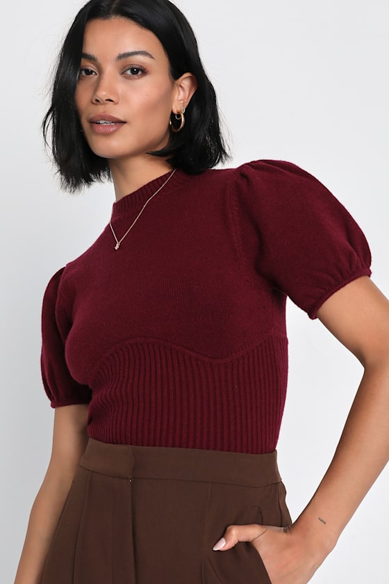 Burgundy Short Sleeve Top - Seamed Sweater Top - Sweater Top - Lulus