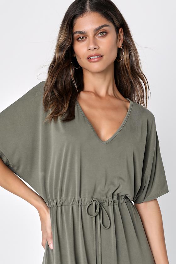 Olive Green Dress - Green Jersey Knit Dress - Drawstring Dress - Lulus