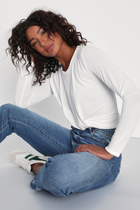 Cute White Long Sleeve Tee - Knotted Crop Top - Ruched Tee - Lulus