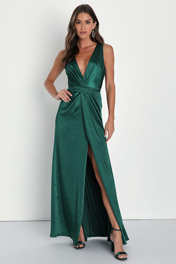 Emerald Satin Gown - Emerald Bridesmaid Dress - Pleated Dress - Lulus