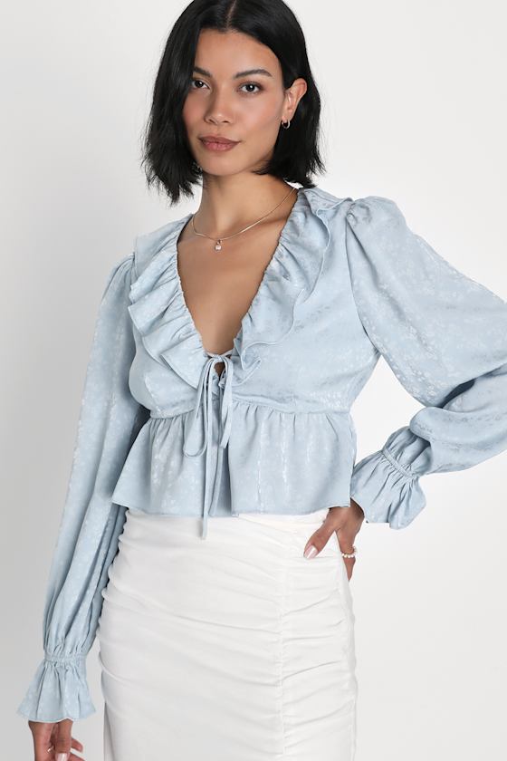 Blue Floral Satin Top - Ruffled Long Sleeve Top - Women's Tops - Lulus