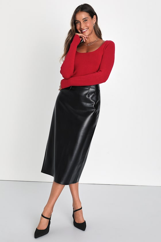 Chic Black Skirt - Vegan Leather Skirt - High-Rise Midi Skirt - Lulus